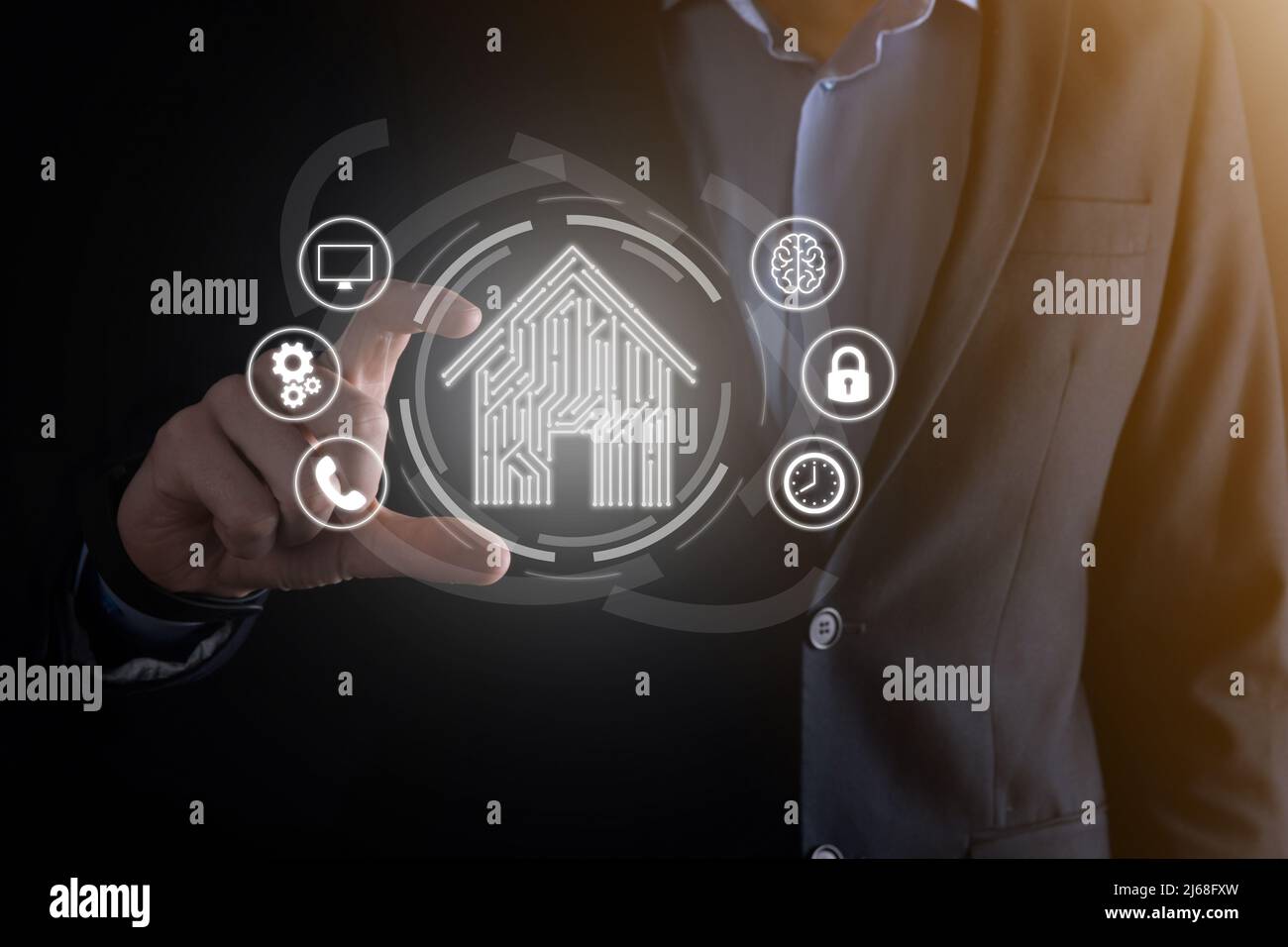 Businessman hold house icon.Smart home controlled, intelligent house ...