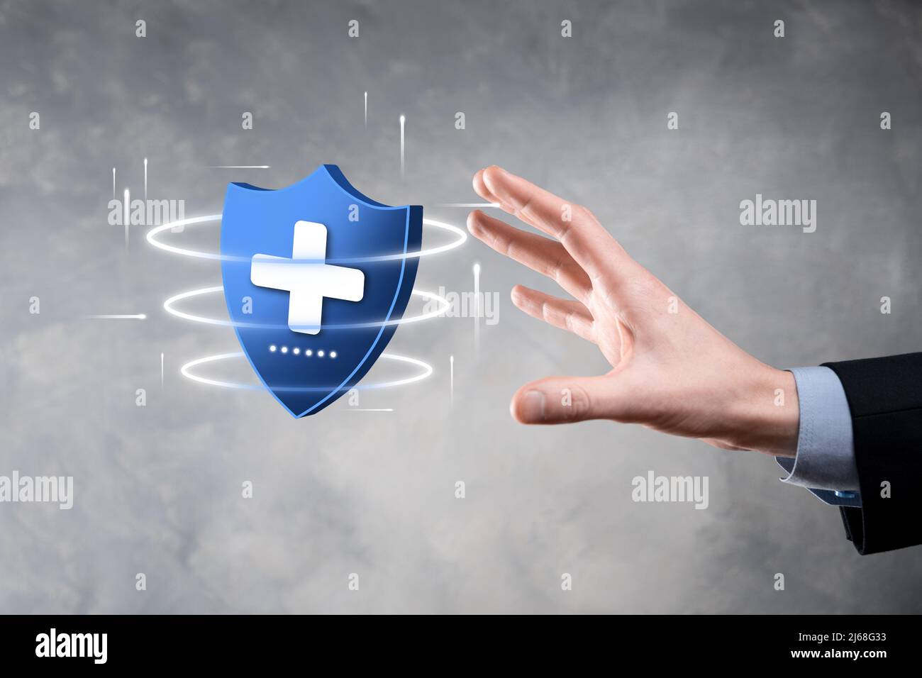 Businessman hold Shield with plus Low polygonal icon, medicine icon ...