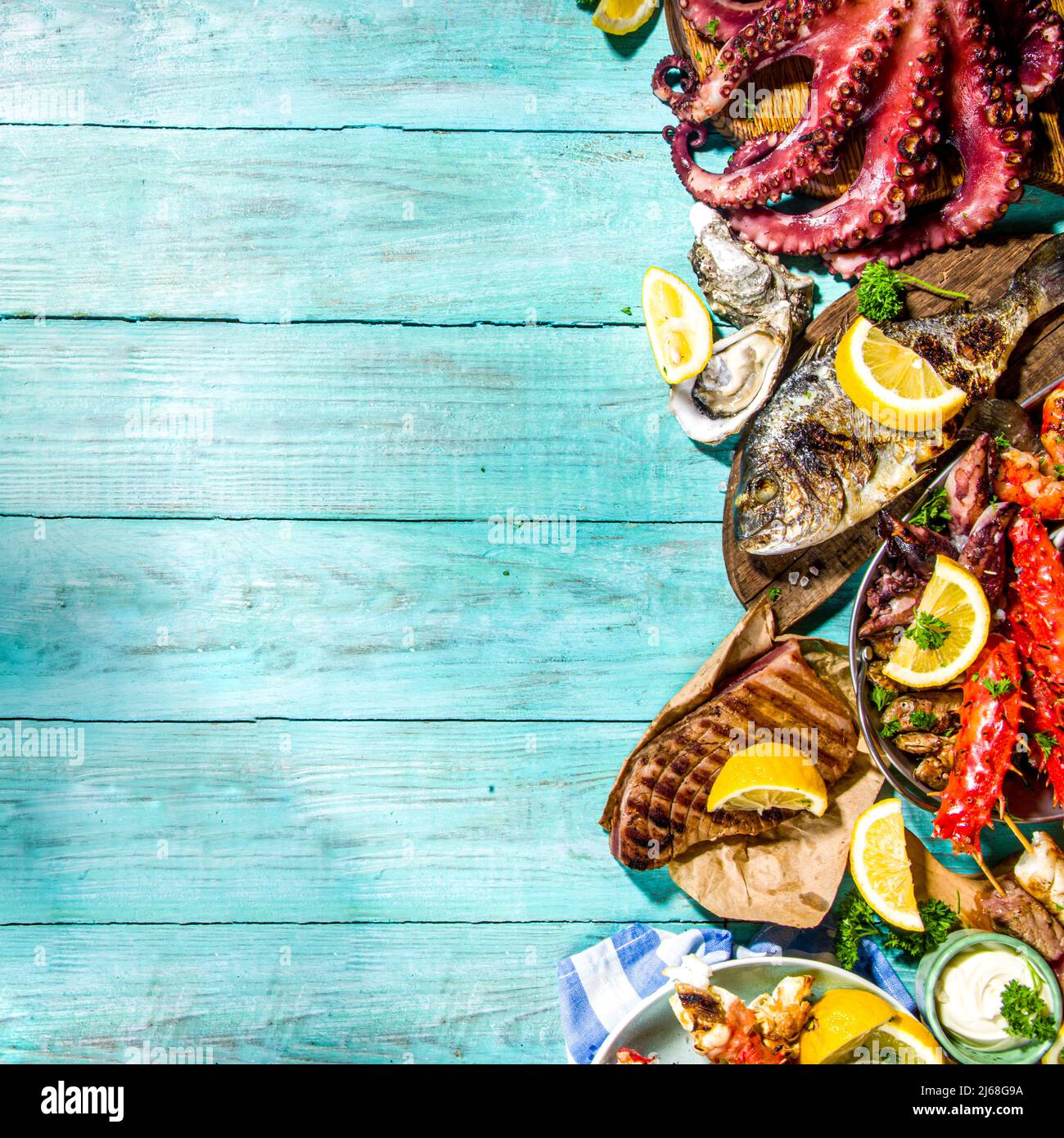 Assortment various barbecue Mediterranean grill food - fish, octopus ...