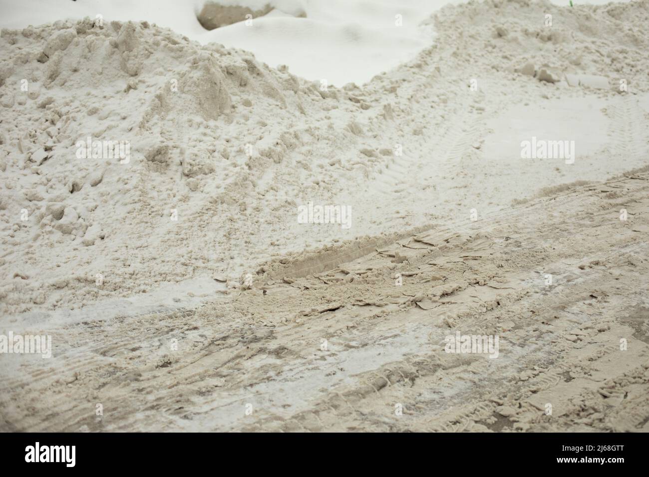 Snow on road. Snow blockage on highway. Winter weather. Changing ...