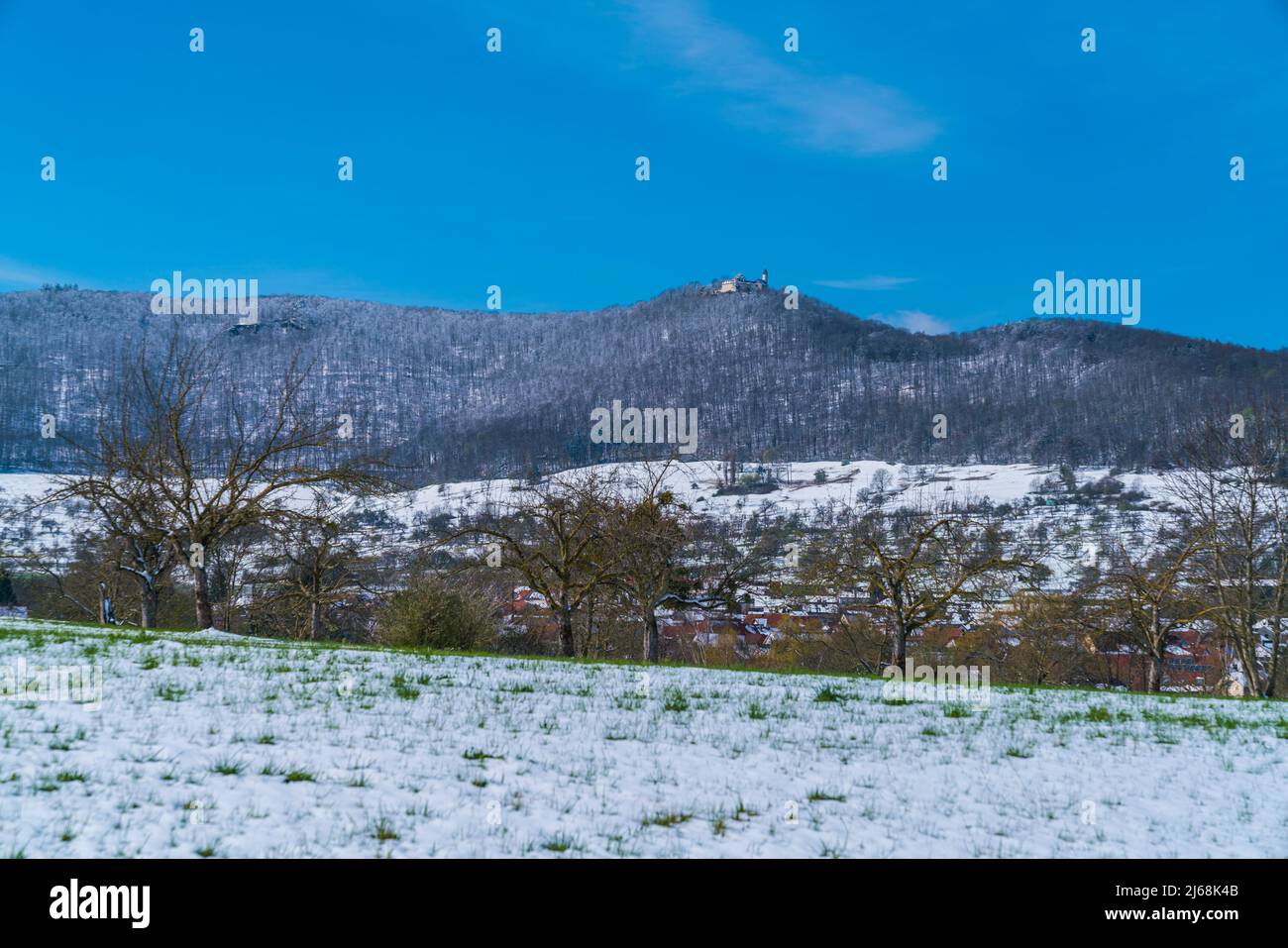 Germany, Castle teck ruins on swabian alb mountain teckberg covered by ...
