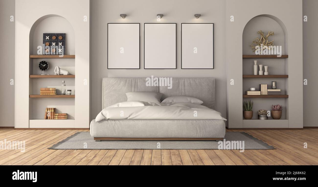 Vertical poster mockup,niche with shelves in a minimalist bedroom- 3d ...