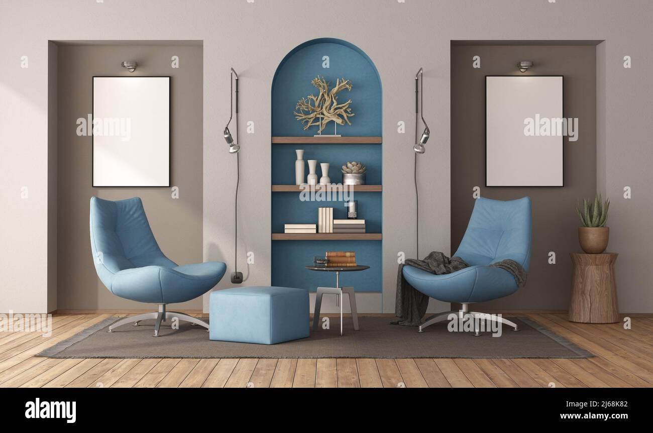 Vertical poster mockup,niche with shelves in living room interior with ...