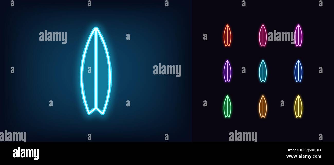 Outline neon surfboard icon. Glowing neon surfboard silhouette, surf ...