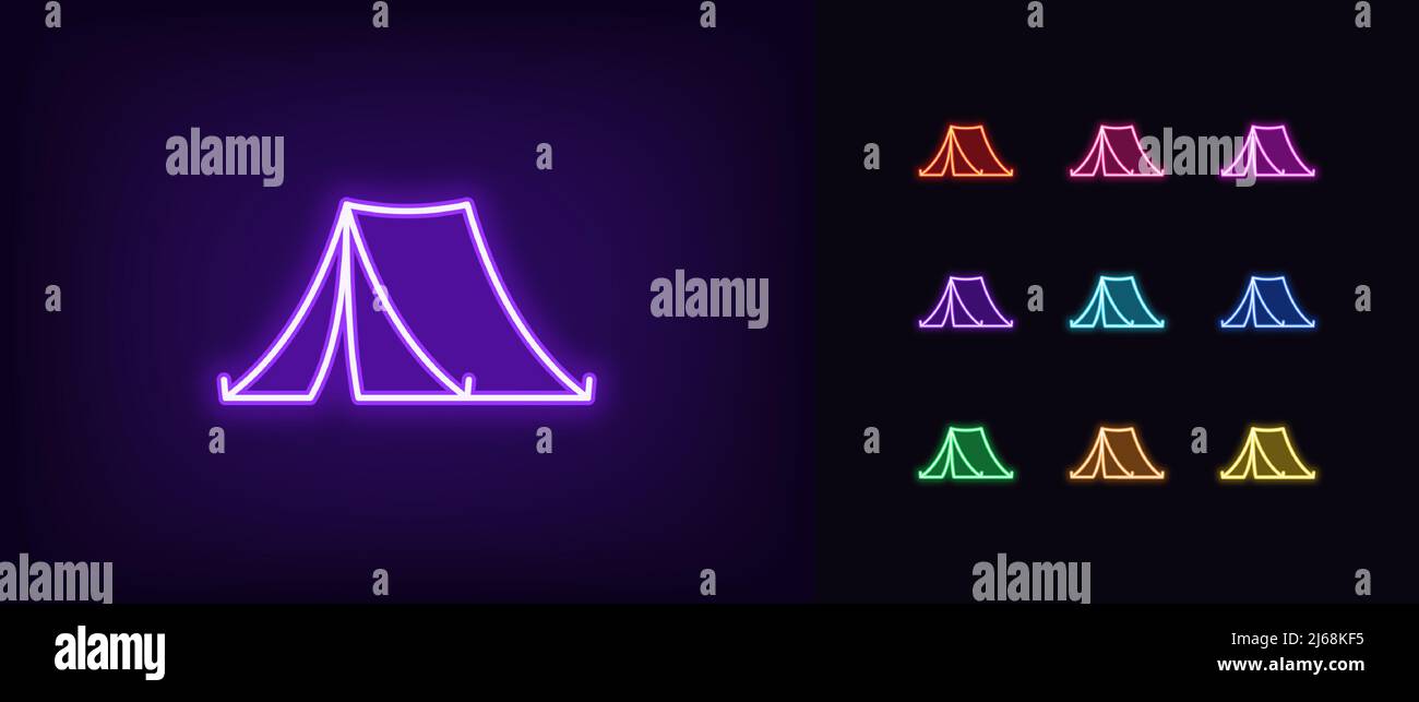 Outline neon camping tent icon. Glowing neon tent silhouette, camp ...