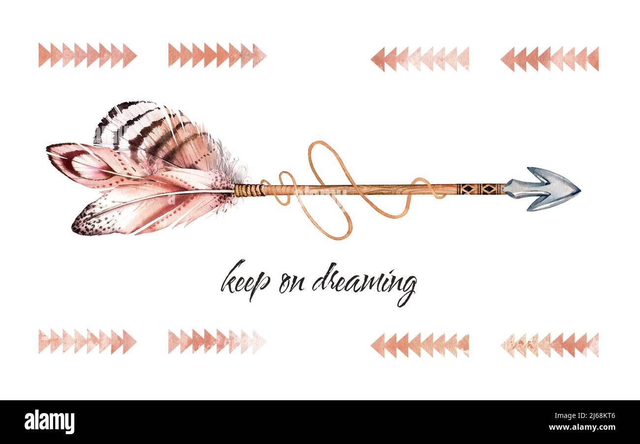 Watercolor poster with brown arrow. Banner with vibrant feathers, and ...