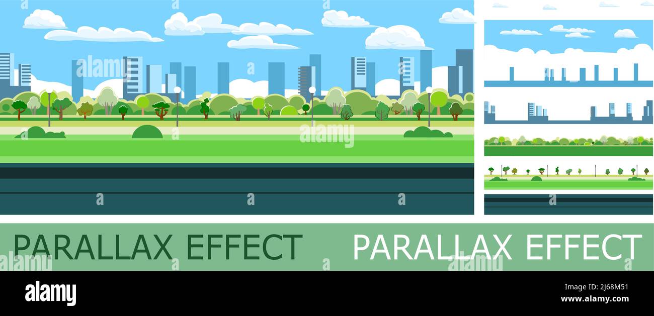 Good asphalt road with parallax effect. Park city area. Side view ...