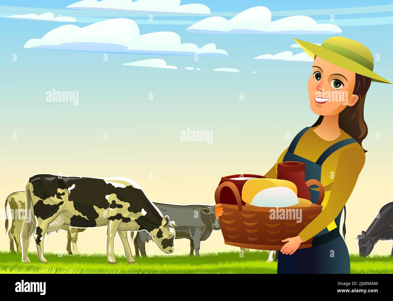 Girl farmer with basket. Cows are grazing. Rural landscape hills. Green ...