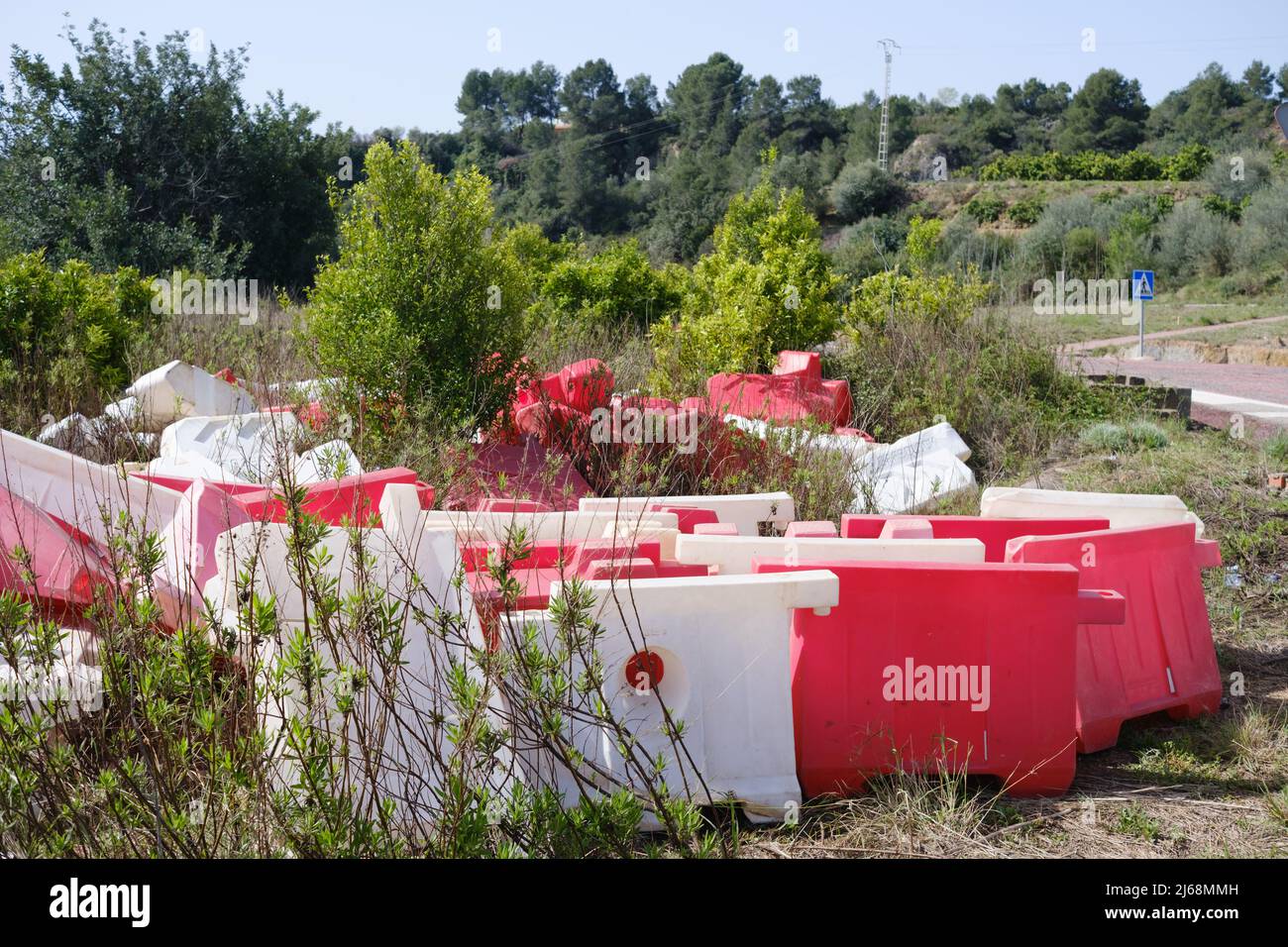 Plastic blocks to make temporary barriers during road repairs Stock ...