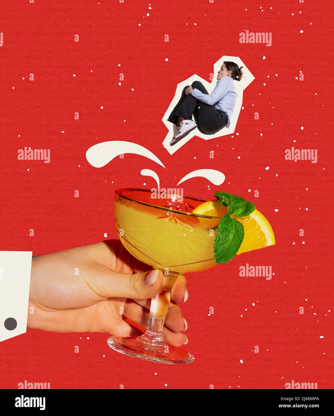 Contemporary art collage. Woman jumping into screwdriver cocktail ...