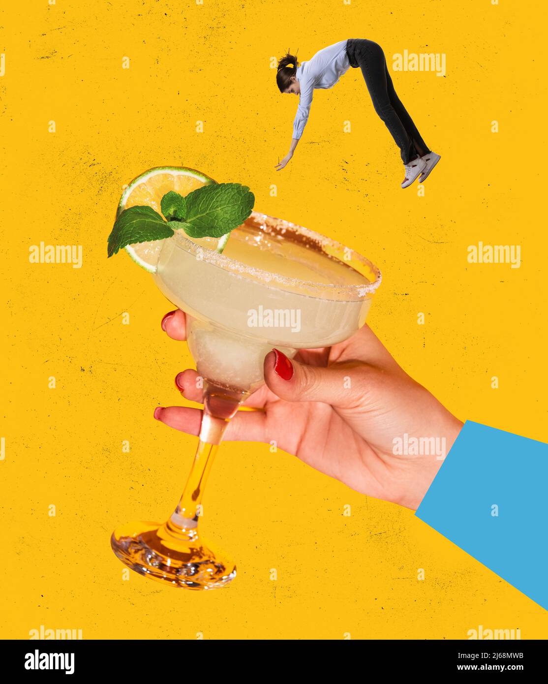 Contemporary art collage. Young woman diving into margarita cocktail ...