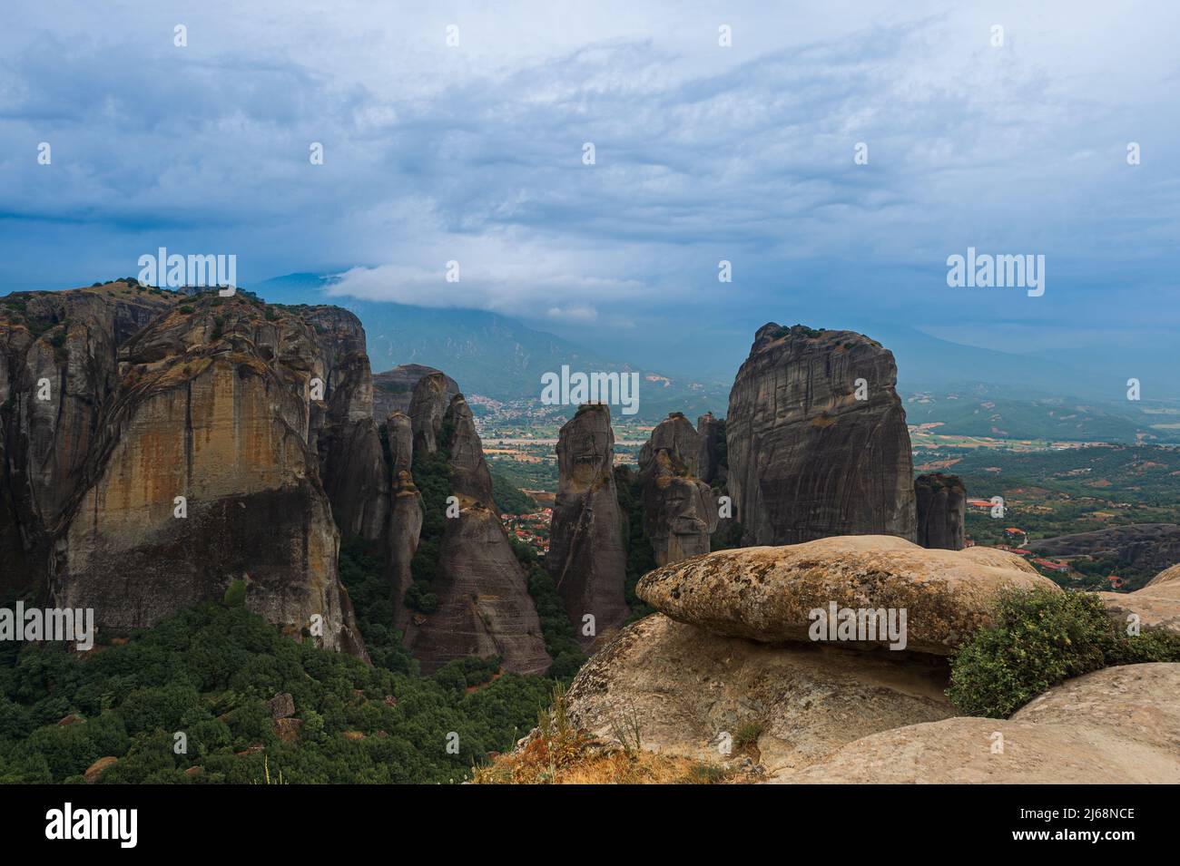 Meteora rock towers Greece. Stunning summer panoramic landscape. View ...