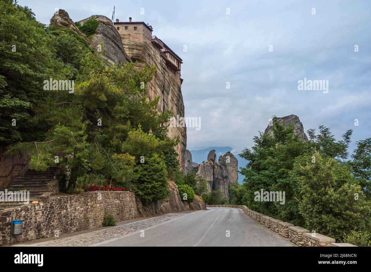 Scenic road to the towers of the Meteora conglomerate of Greece. Hiking ...