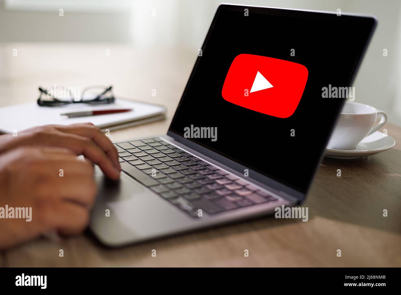 Bangkok, Thailand - apr25, 2022 : Man using a laptop to watch to ...