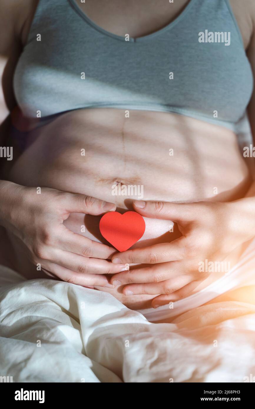 A pregnant woman after IVF holds a small red heart in her hands. The ...
