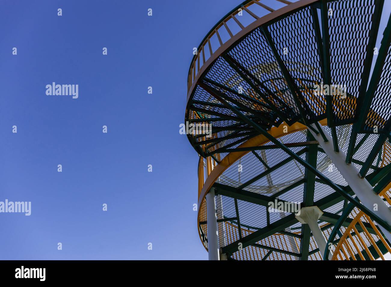 Low angle view of metal viewpoint with blue sky at background Stock ...
