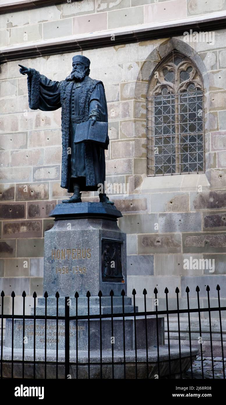 The statue of Honterus in Brasov, Romania, near the Black Church (a ...