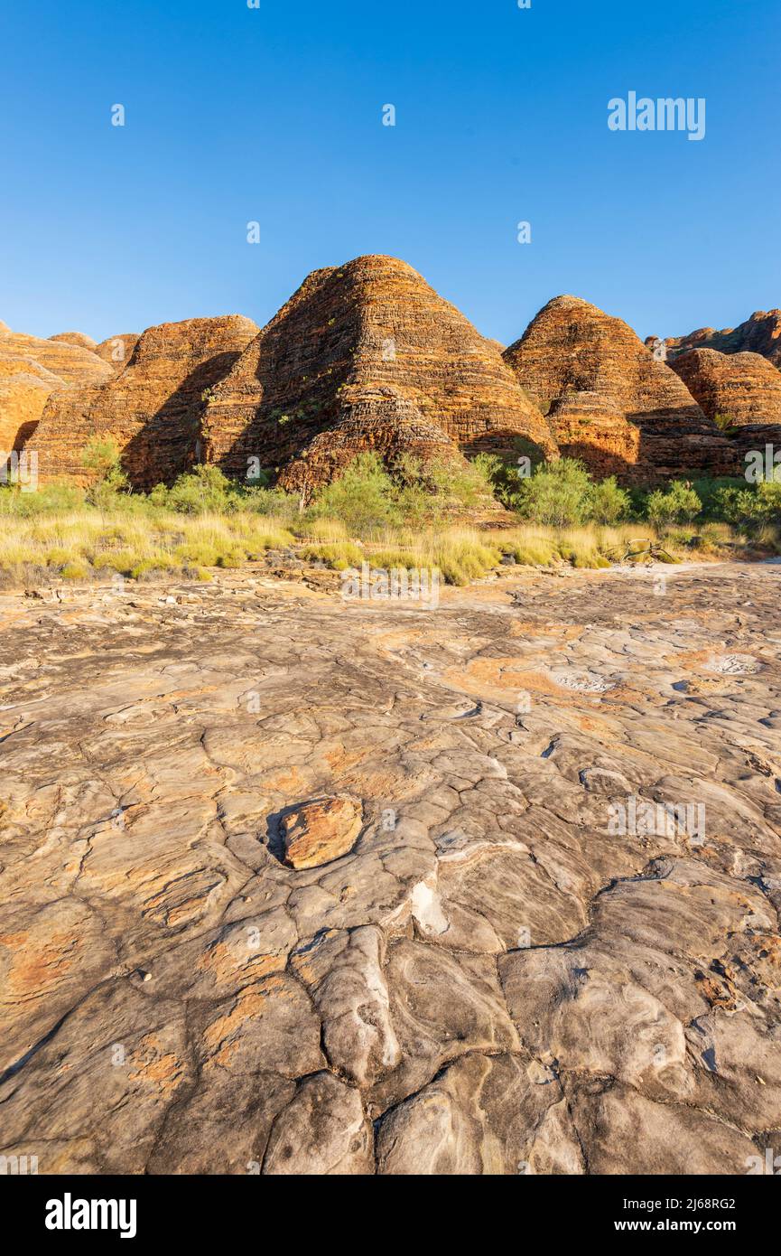 Vertical view of typical sandstone karst domes and dry creekbed at ...