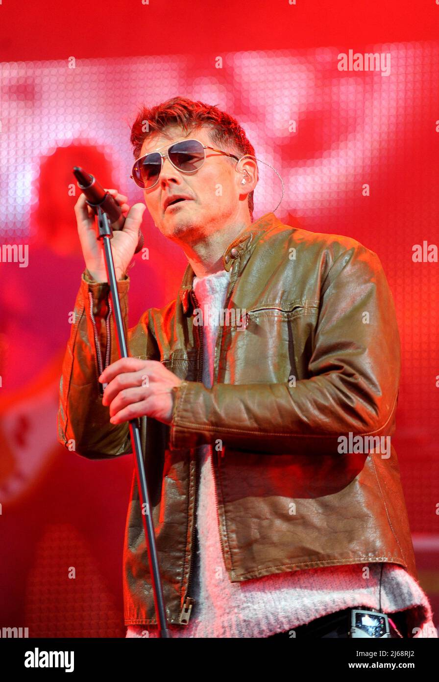Morten Harket lead singer of A-ha pop band performs live on stage at ...