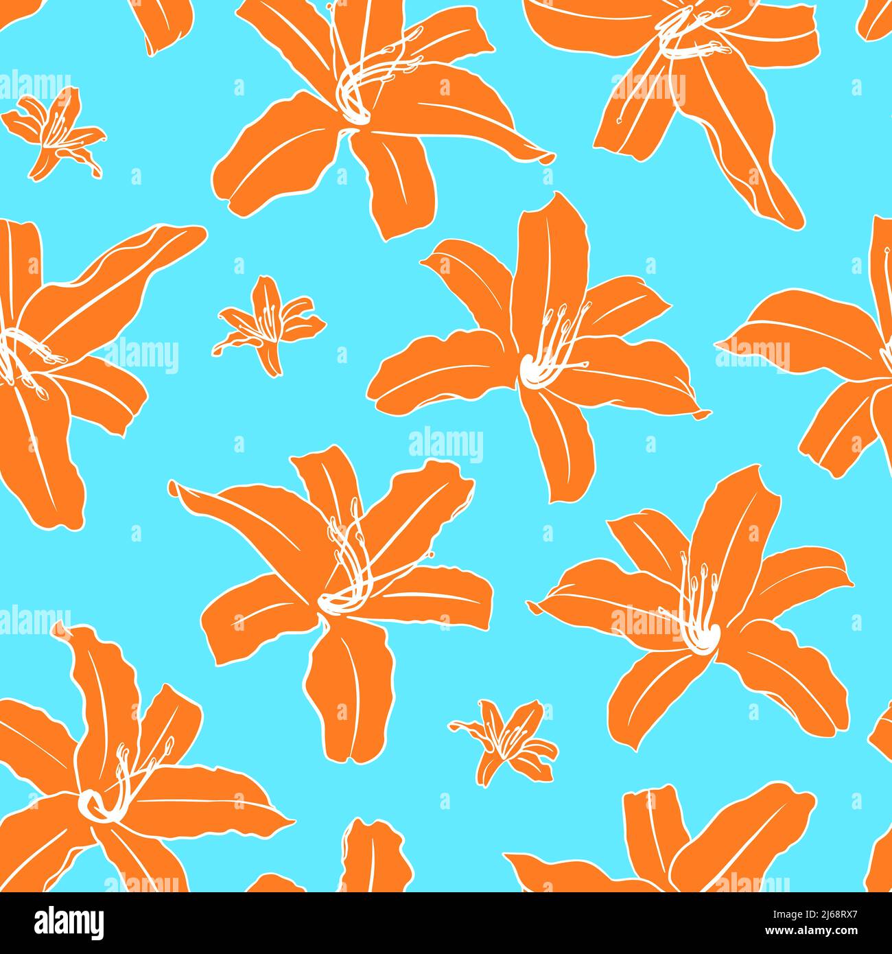 Daylily seamless pattern. Hand drawn orange flowers on light blue ...
