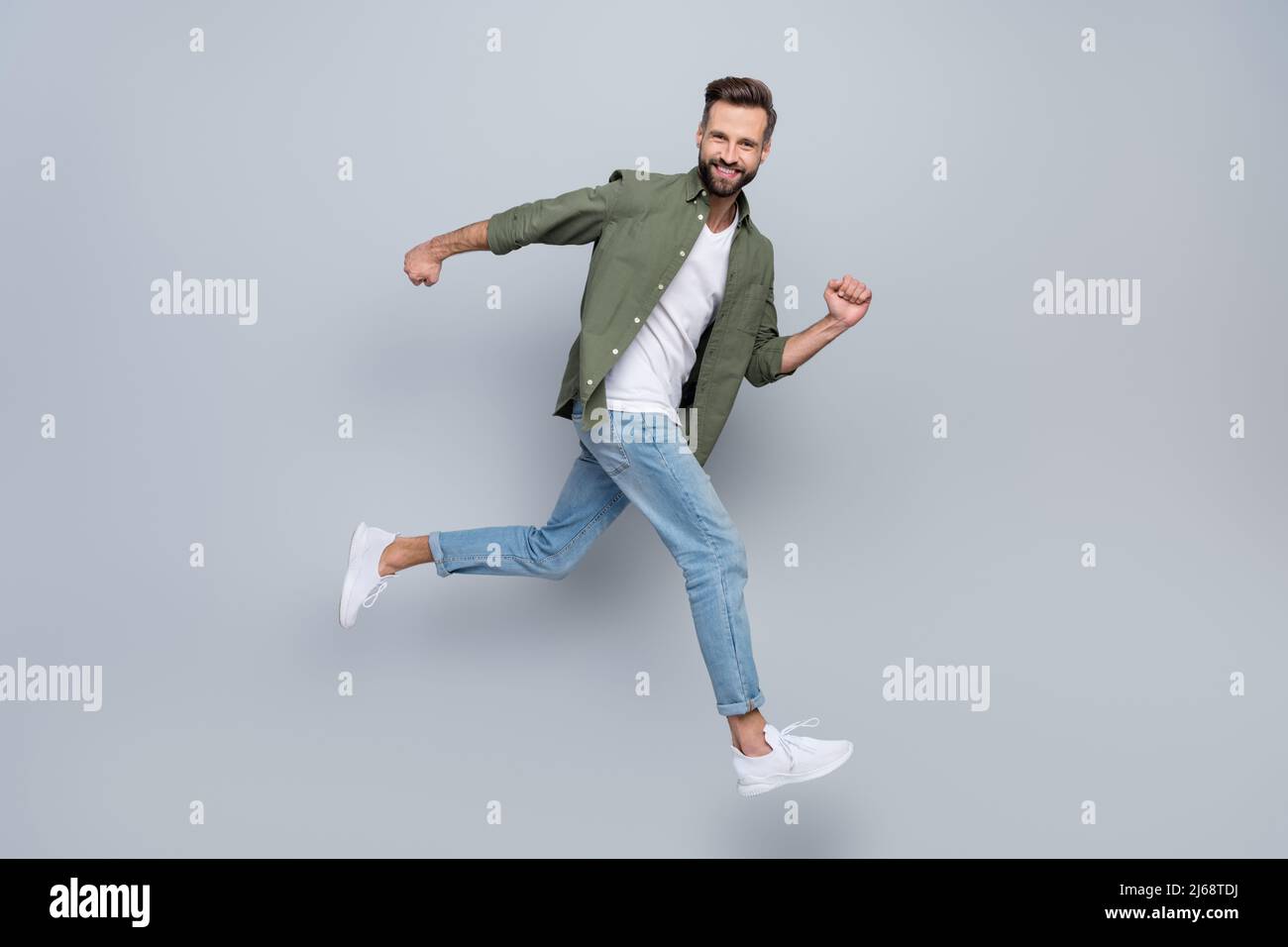 Full length body size view of attractive cheerful successful guy ...