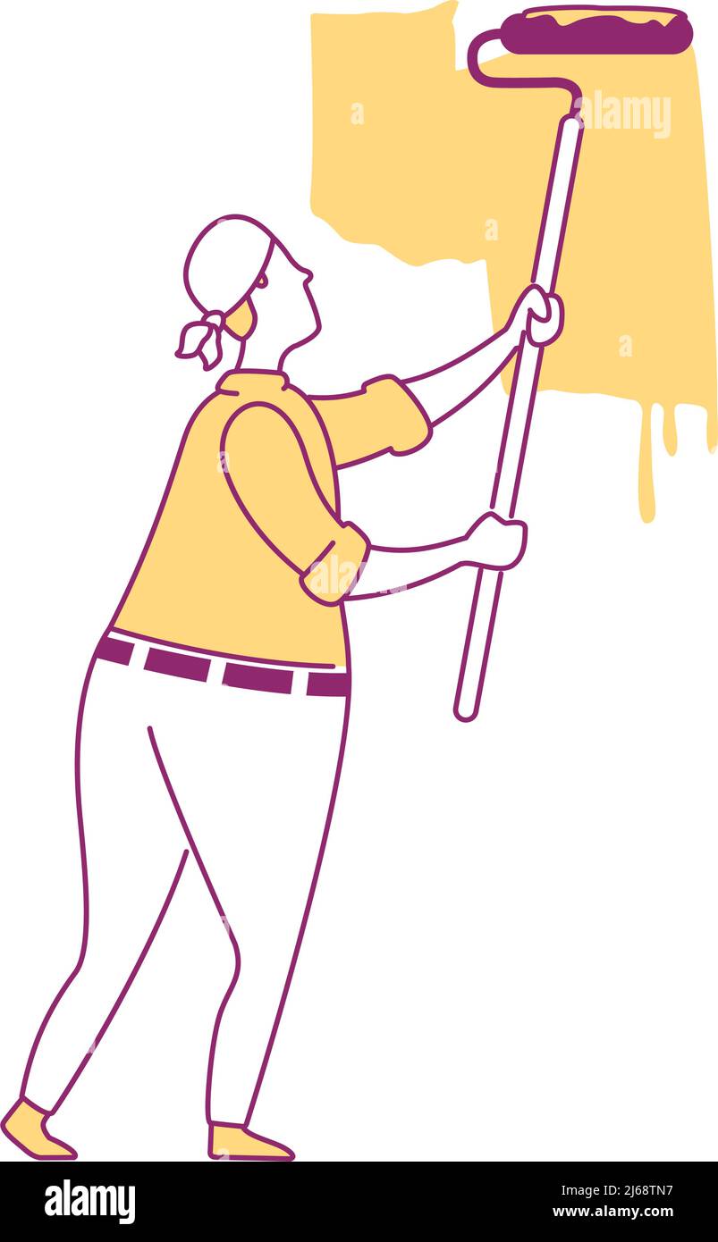 Professional painter applying paint to wall semi flat color vector ...