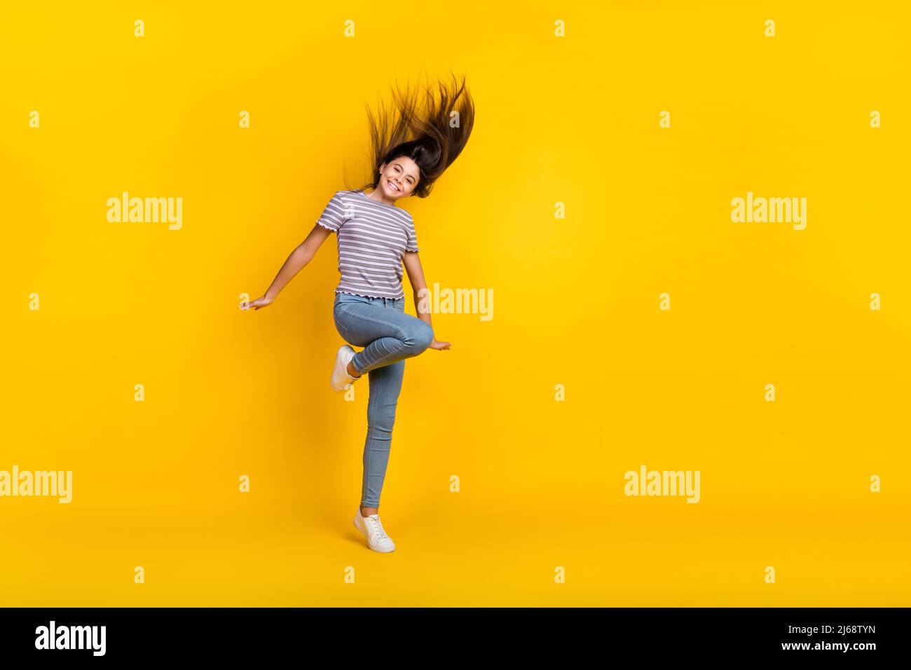 Full size photo of youth cheerful lady have fun jump up active isolated ...