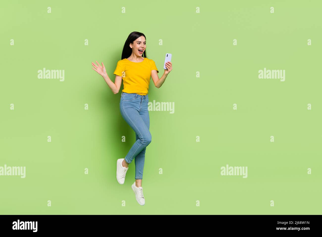 Full size photo of crazy energetic lady use telephone read post comment ...