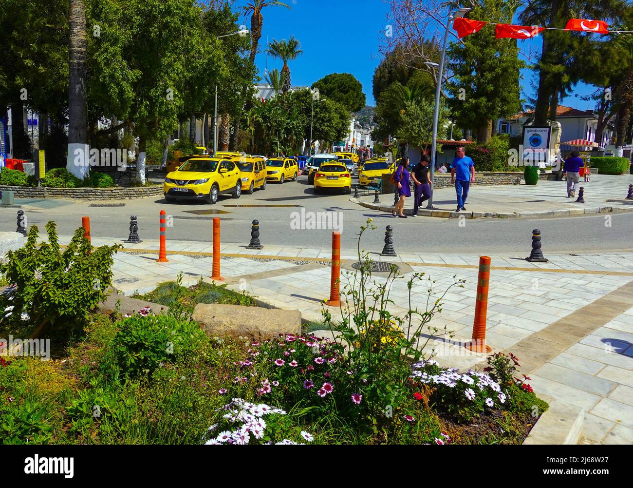 Yellow taxis in the popular holiday resort of Bodrum, Mugla Province ...