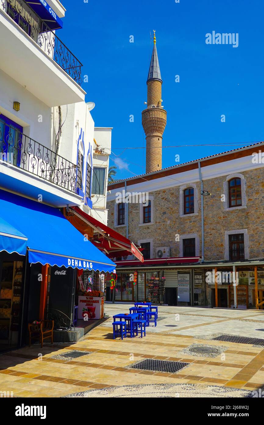 Minaret spire in The popular holiday resort of Bodrum, Mugla Province ...