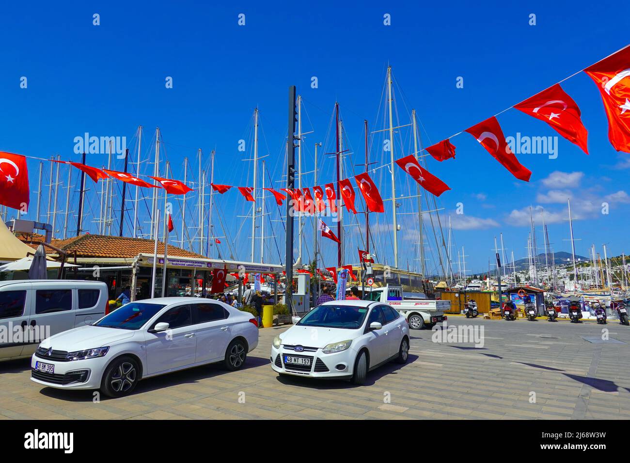 Busy street in the popular holiday resort of Bodrum, Mugla Province ...