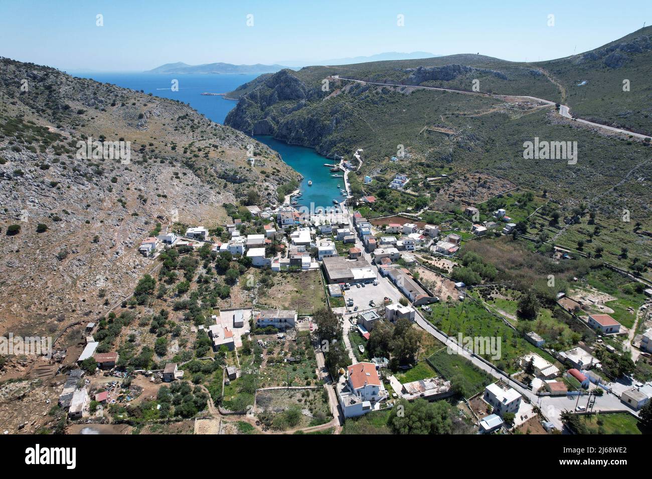 Drone photograph of Vathy, Rina on the Greek island of Kalymnos, in the ...