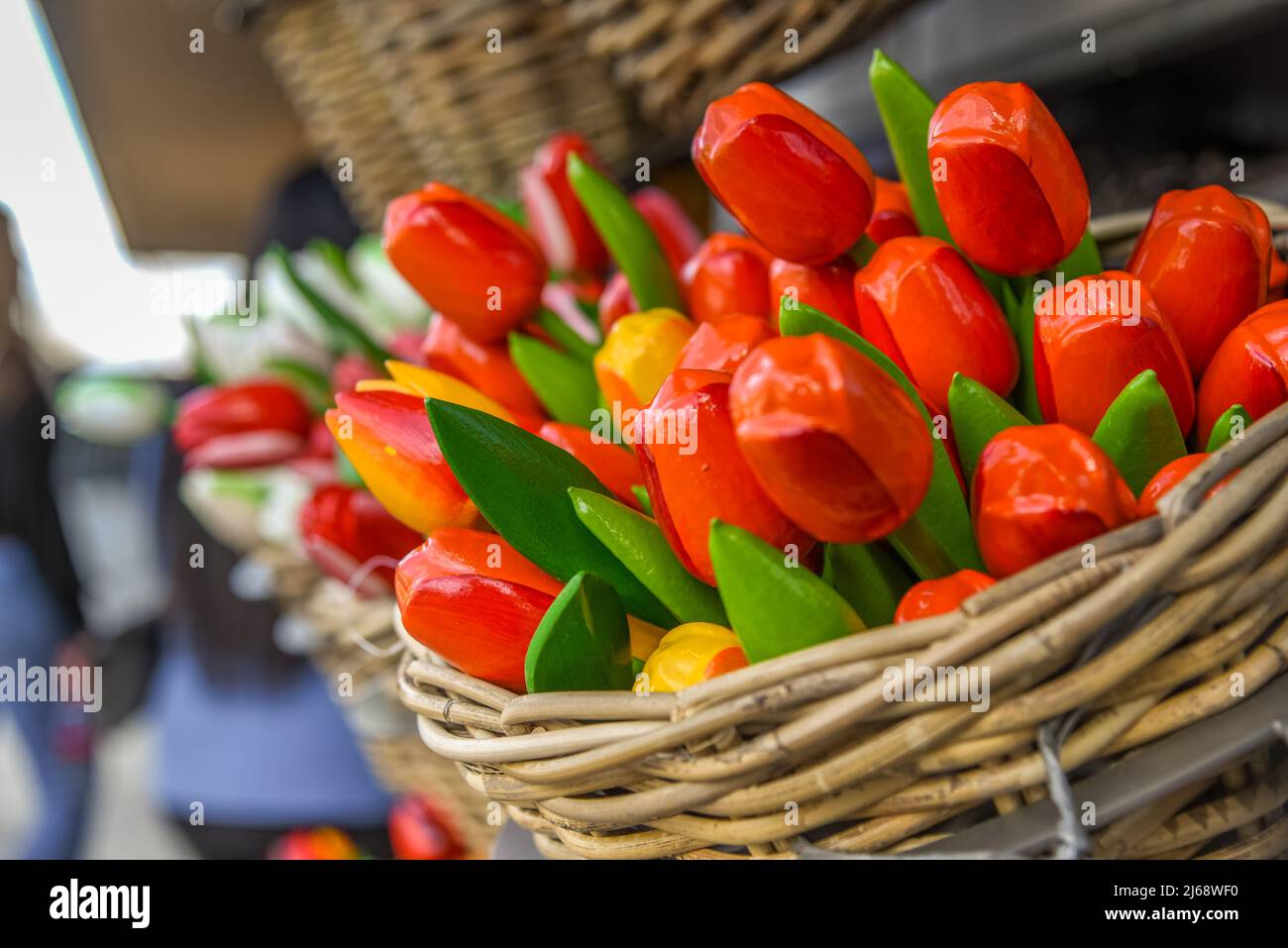 Lisse, Netherlands, April 2022. Clogs and wooden tulips, souvenirs of ...