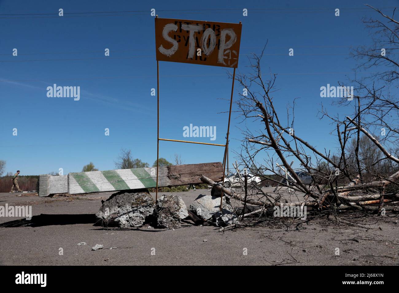 Chernobyl, Ukraine. 28th Apr, 2022. The word 'Stop' is painted on the ...