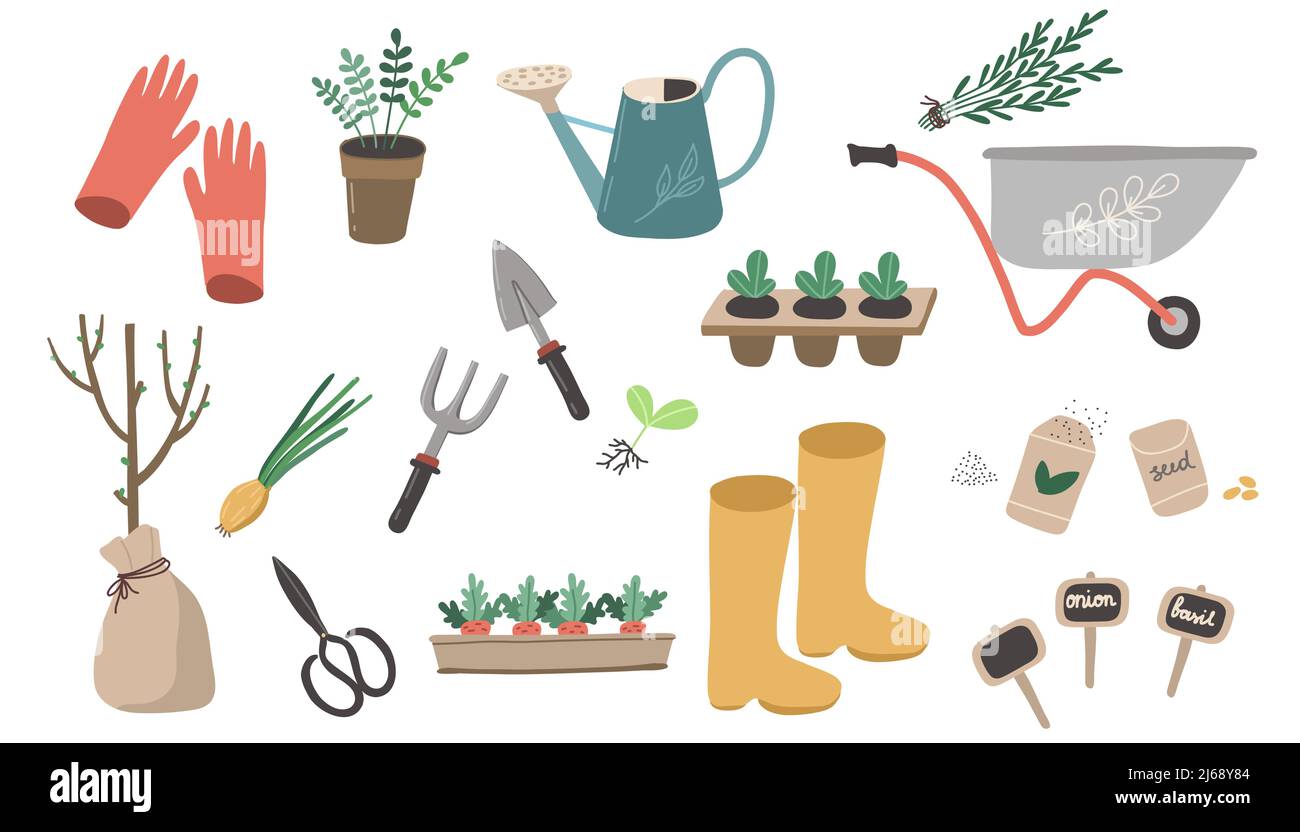 Garden tools set. Park plant. Vector illustration work. Seed, boots ...