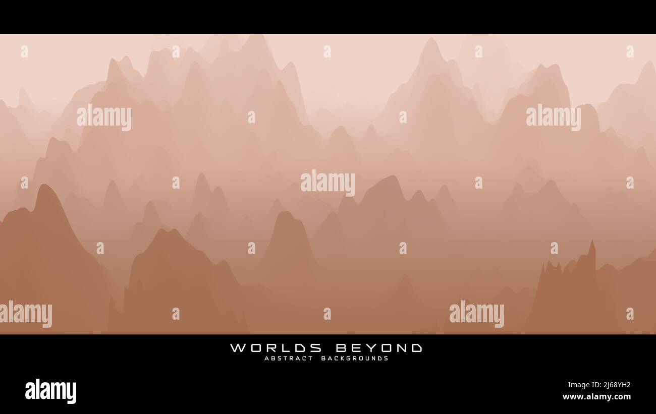 Abstract beige landscape with misty fog till horizon over mountain ...