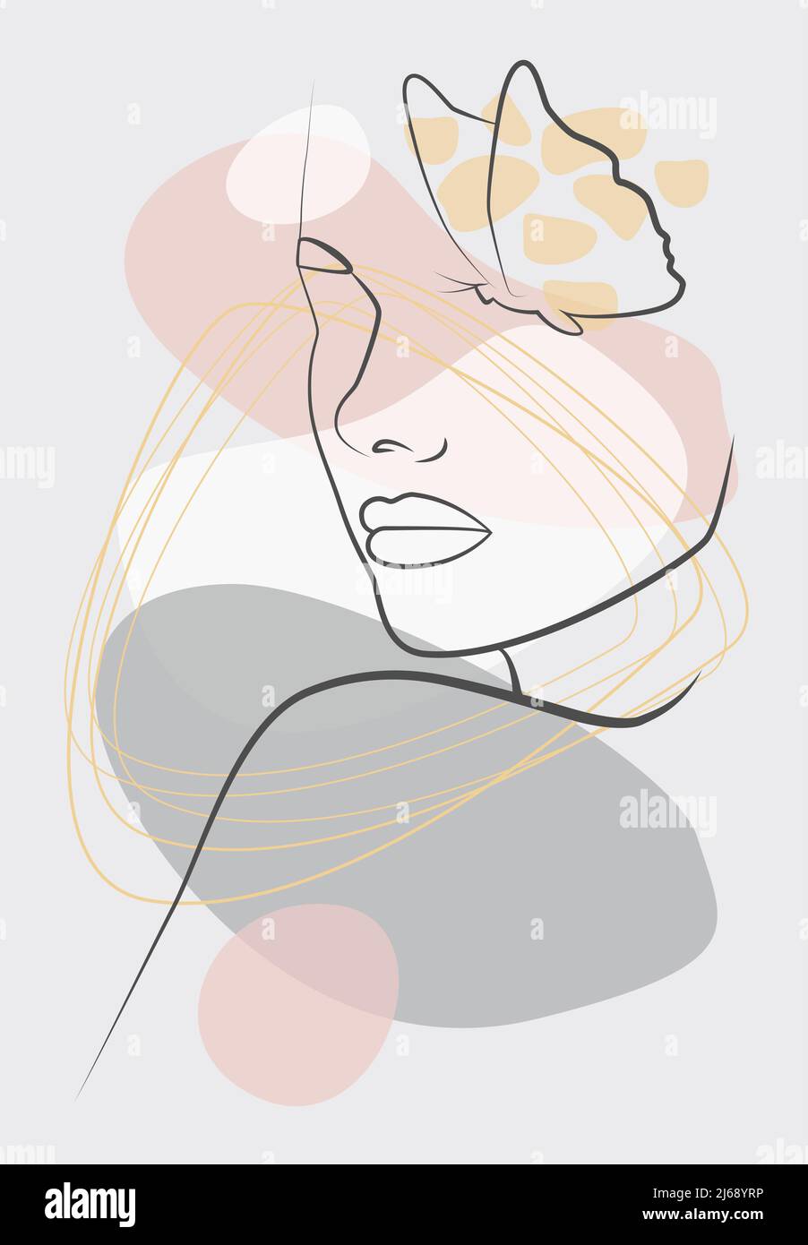 A woman's face with a butterfly composition. Hand-drawn vector linear ...