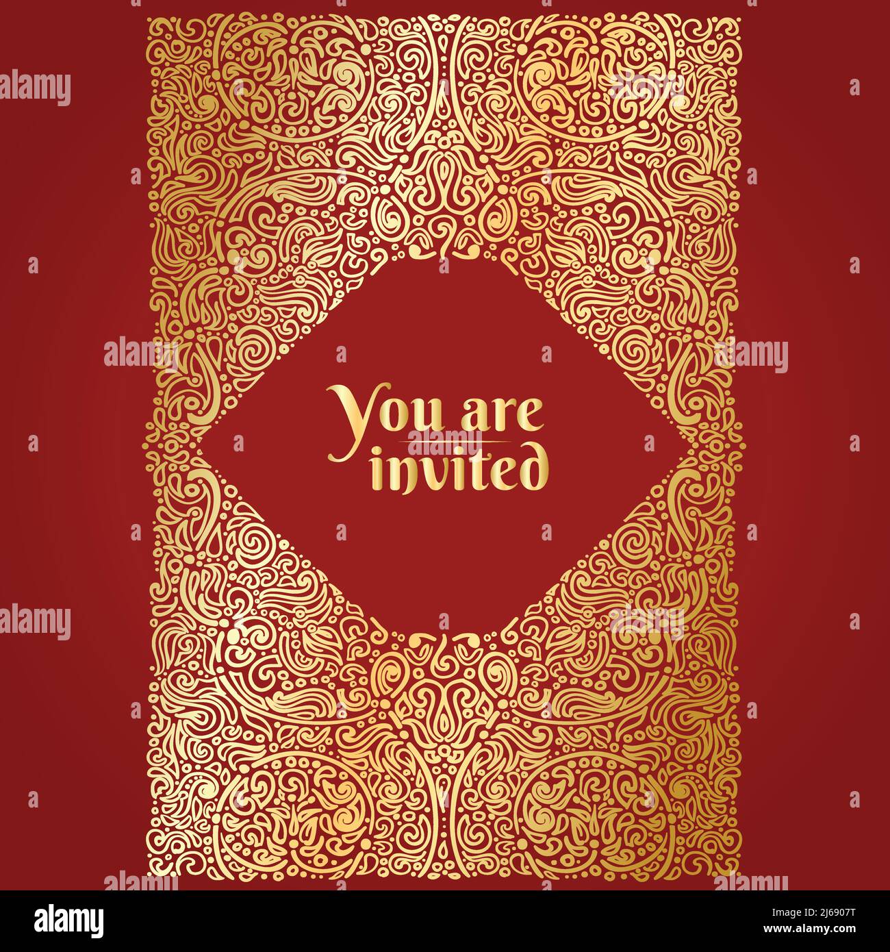 Ornate oriental invitation card, golden foil on red, vector ...