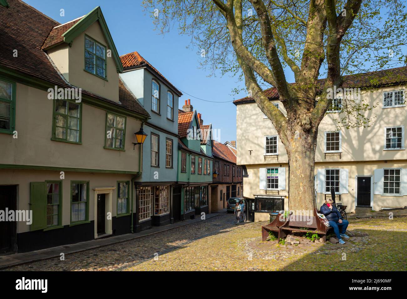 Spring afternoon on Elm Hill in Norwich, Norfolk, England Stock Photo ...