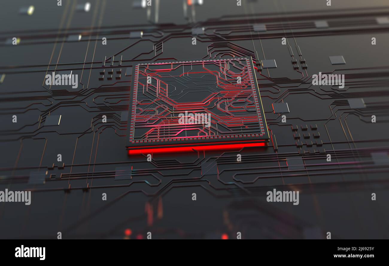 Motherboard, processor, CPU, quantum computer 3D illustration. High tech and cyber technology in ...