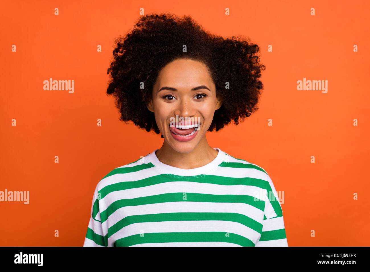 Portrait Of Attractive Cheerful Flirty Girl Licking Lip Having Fun