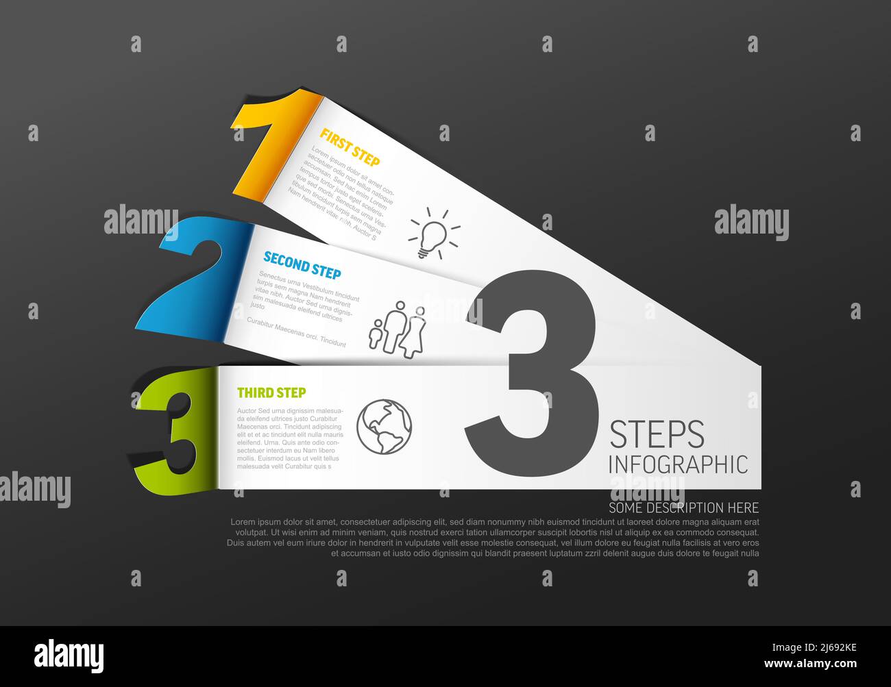 Progress proces template with three steps some descriptions and icons ...