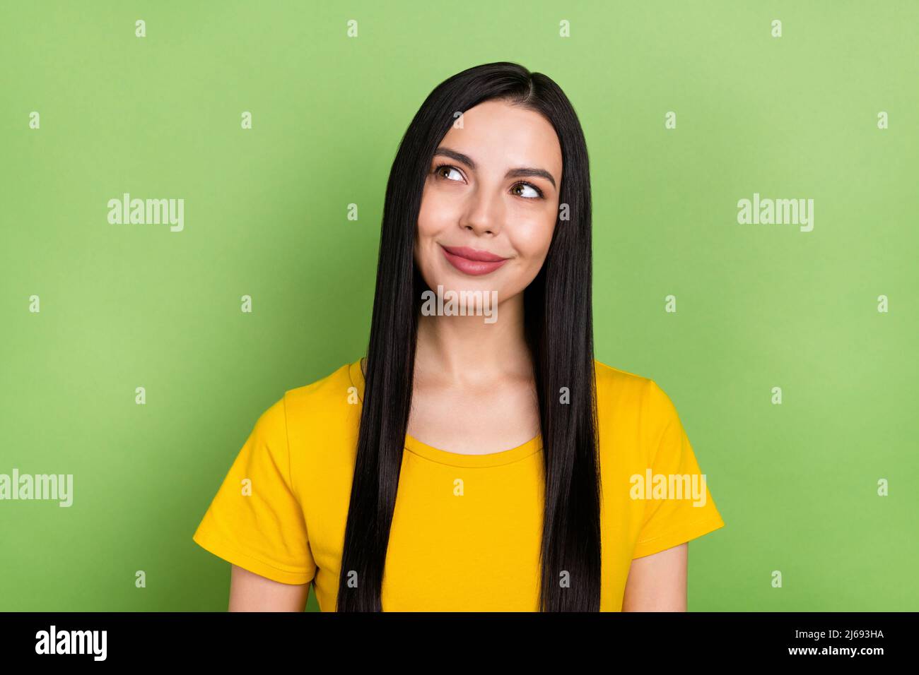 Photo of young lovely lady wonder think look empty space imagination ...