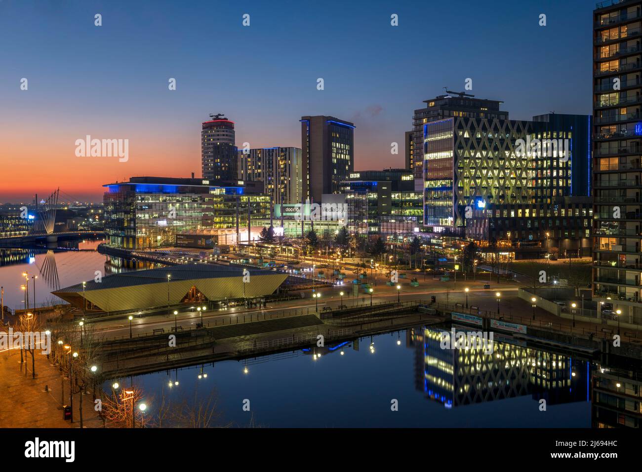 Salford Quays and Media City at sunset, Salford, Manchester, England ...