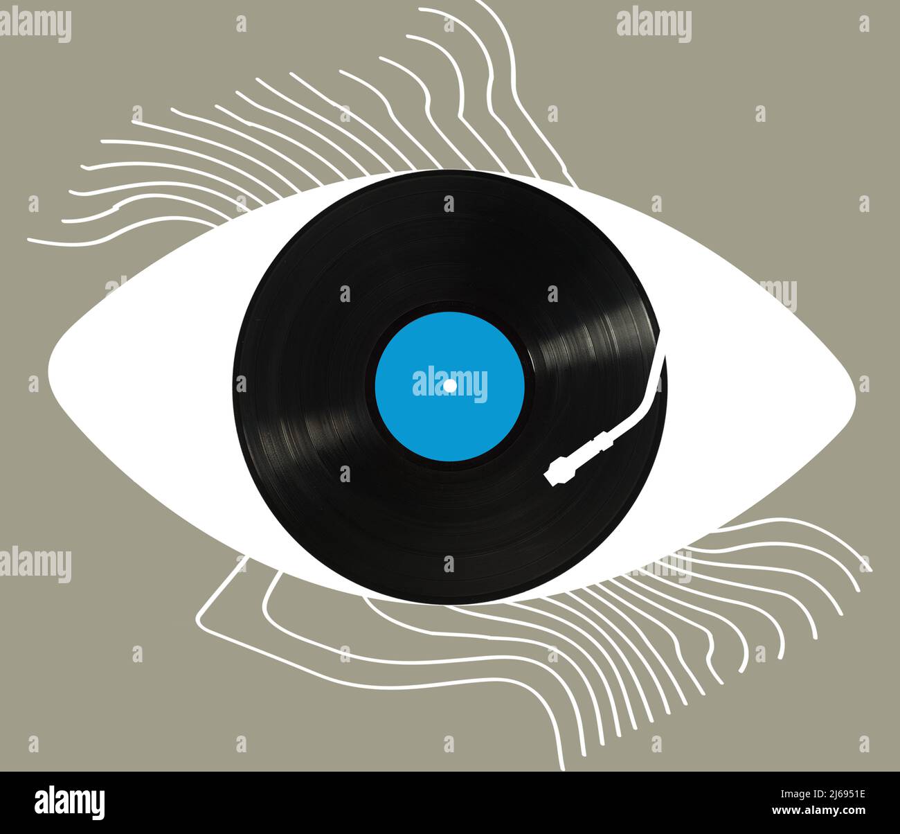 Contemporary art collage with retro vinyl disc isolated over light ...