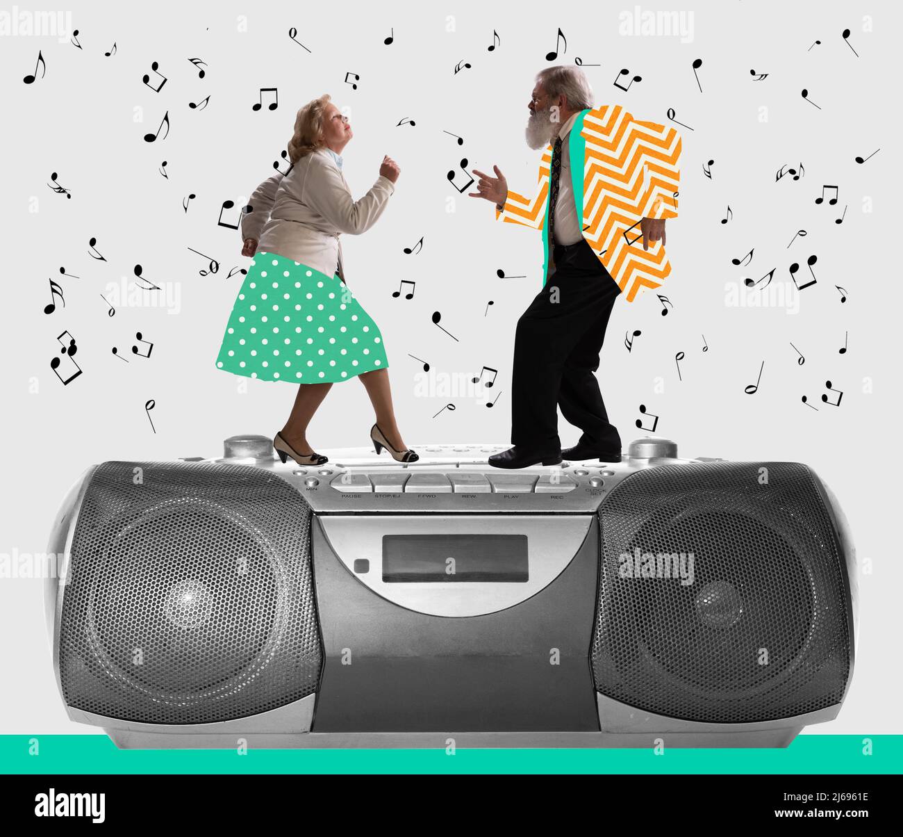 Senior man and woman dressed in 70s, 80s fashion style dancing retro ...