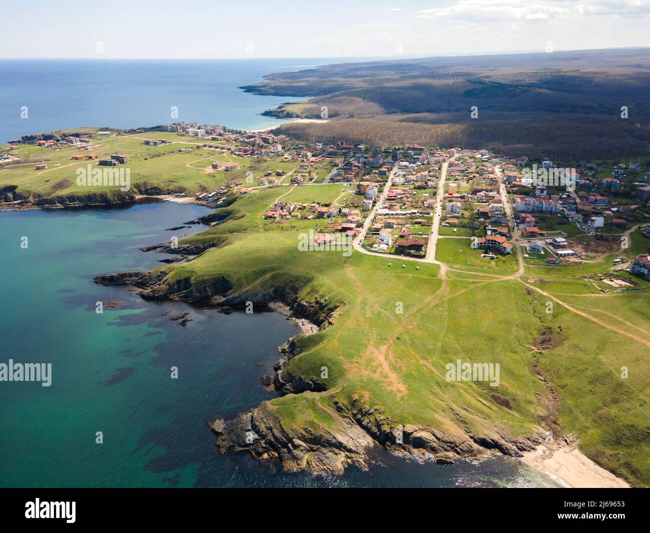 Aerial view of Black sea coastline near village of Sinemorets, Burgas ...
