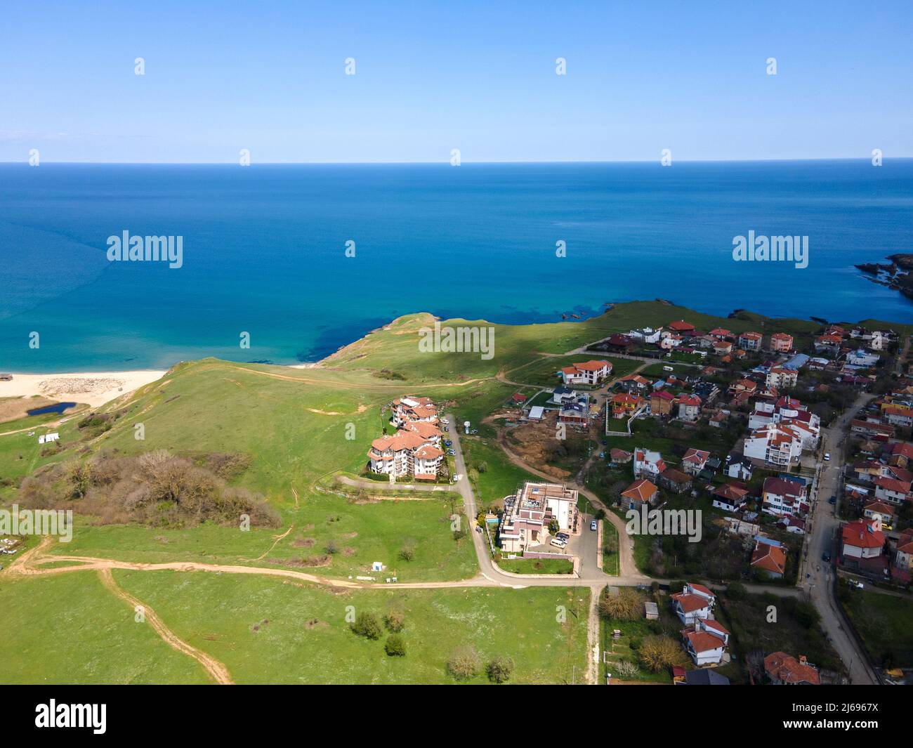 Aerial view of Black sea coastline near village of Sinemorets, Burgas ...