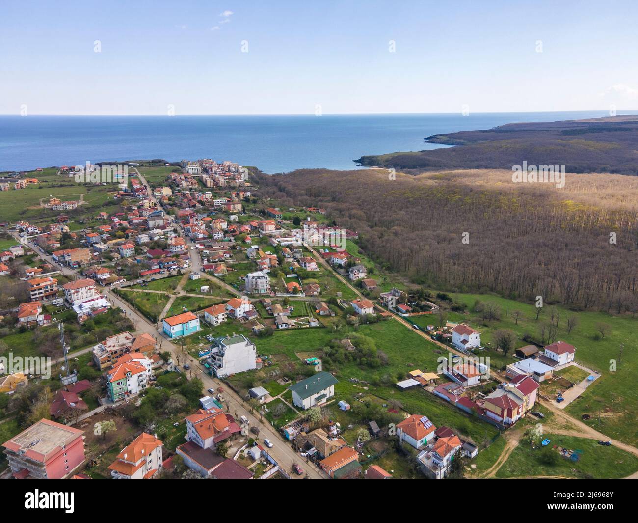 Aerial view of Black sea coastline near village of Sinemorets, Burgas ...