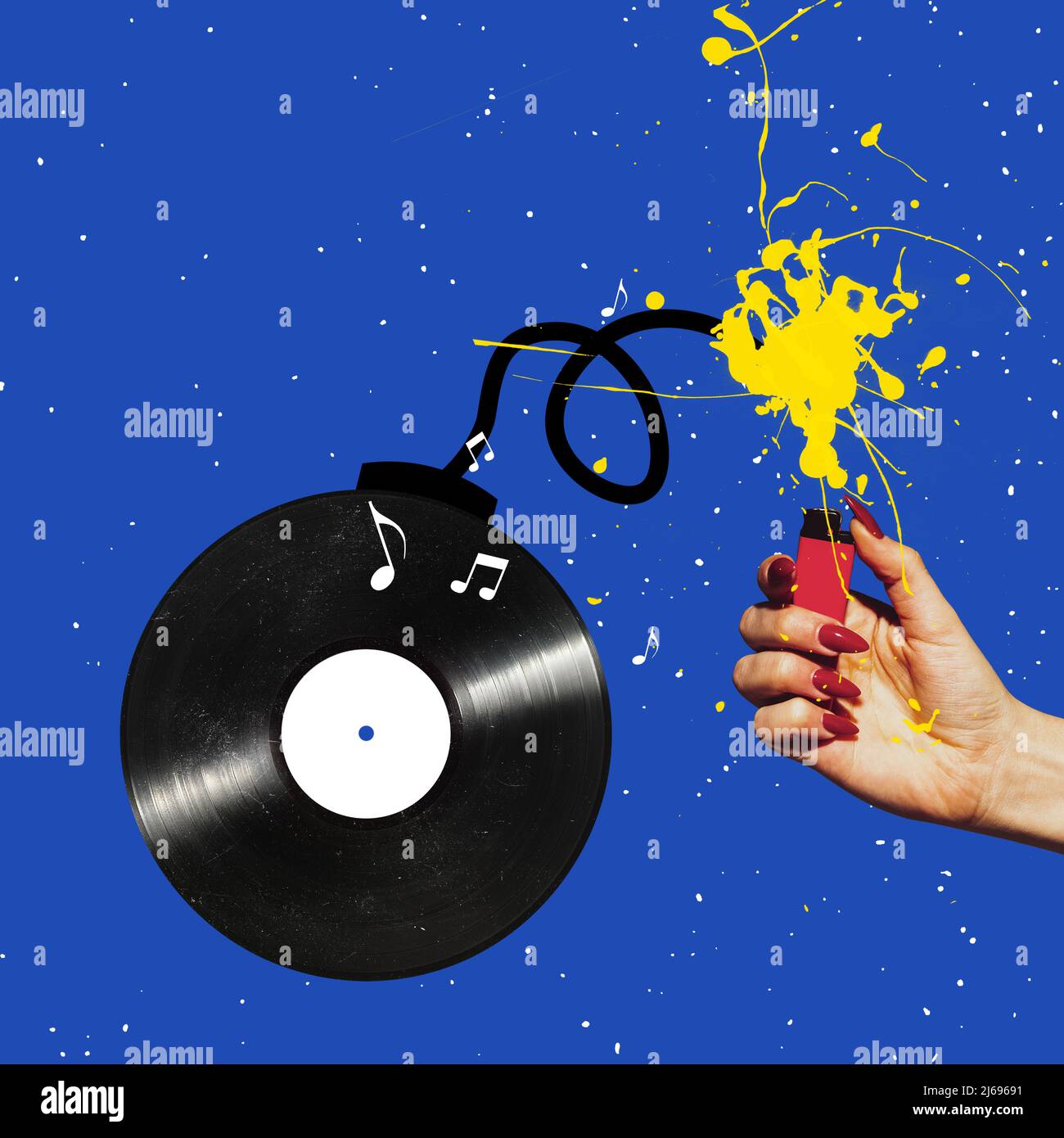 Contemporary art collage with retro vinyl disc isolated over blue ...